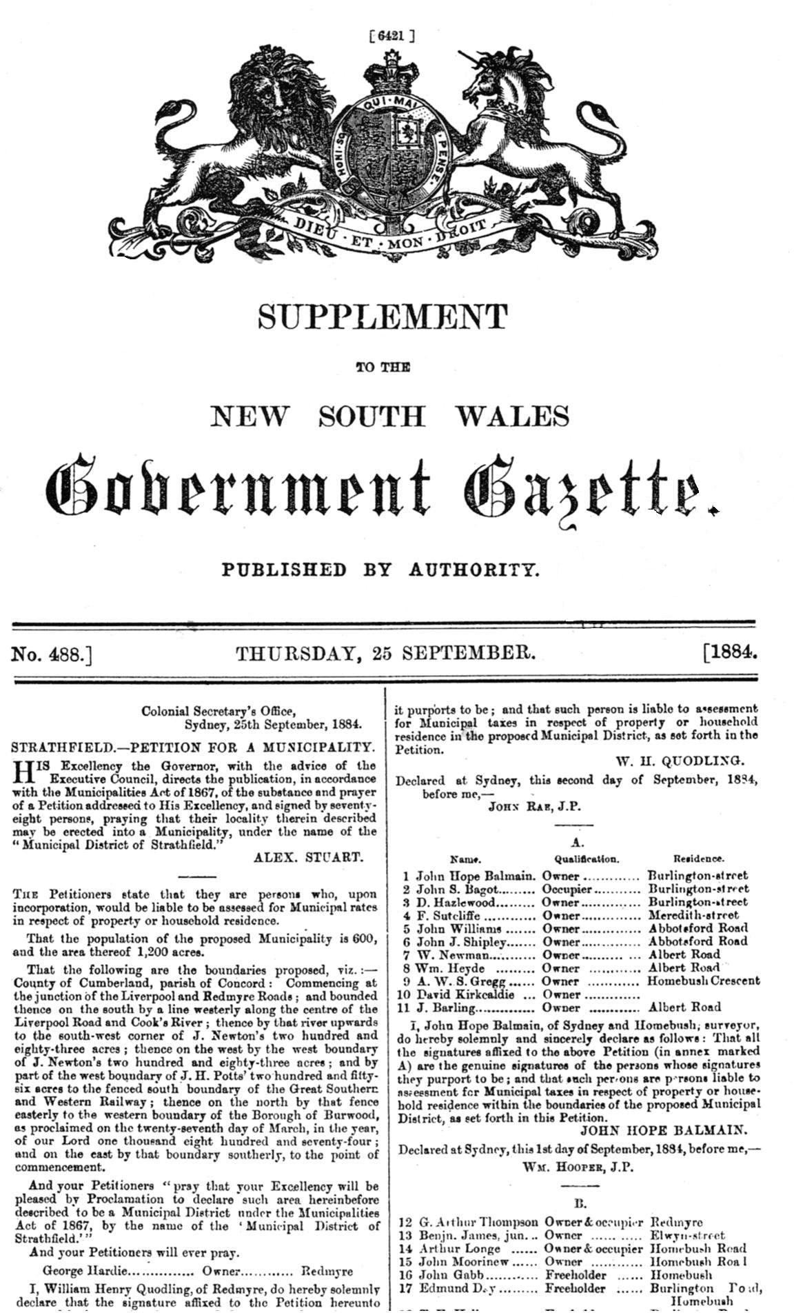 Government Gazette 1885 – Strathfield Heritage
